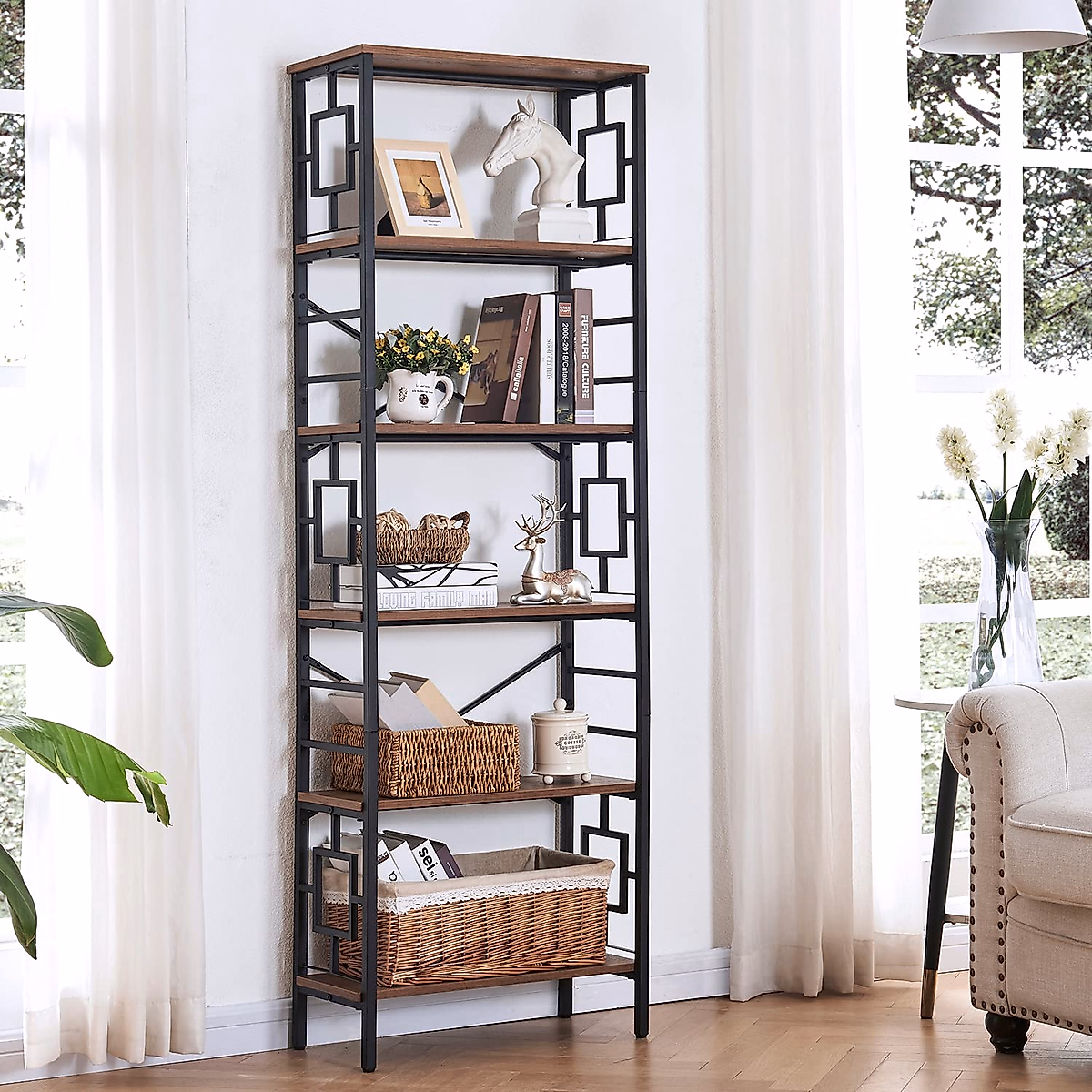 HOMISSUE Bookcase,6-Tier Tall Bookshelf Metal Bookcase and Bookshelves, Free Standing Storage Modern Bookshelf for Home Office Living Room and Bedroom, Rustic Brown
