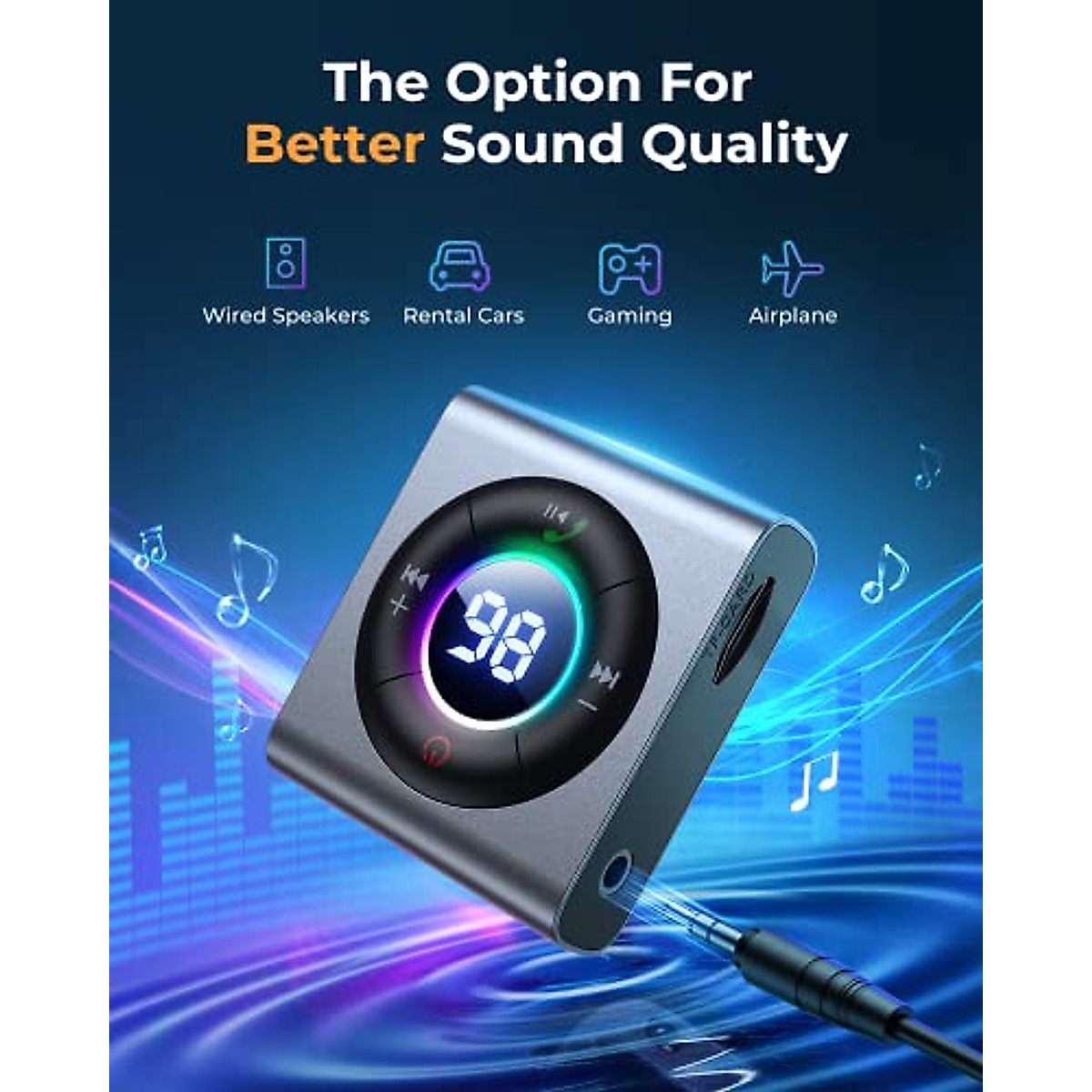 JOYROOM Bluetooth 5.3 Transmitter and Receiver 2 in 1 [LED Screen & Enhanced Dual Mics] Wireless Audio Adapter for Car/TV/Home Stereo/Headphone/Speaker/Airplane/Boat/Gym, AUX Bluetooth Adapter