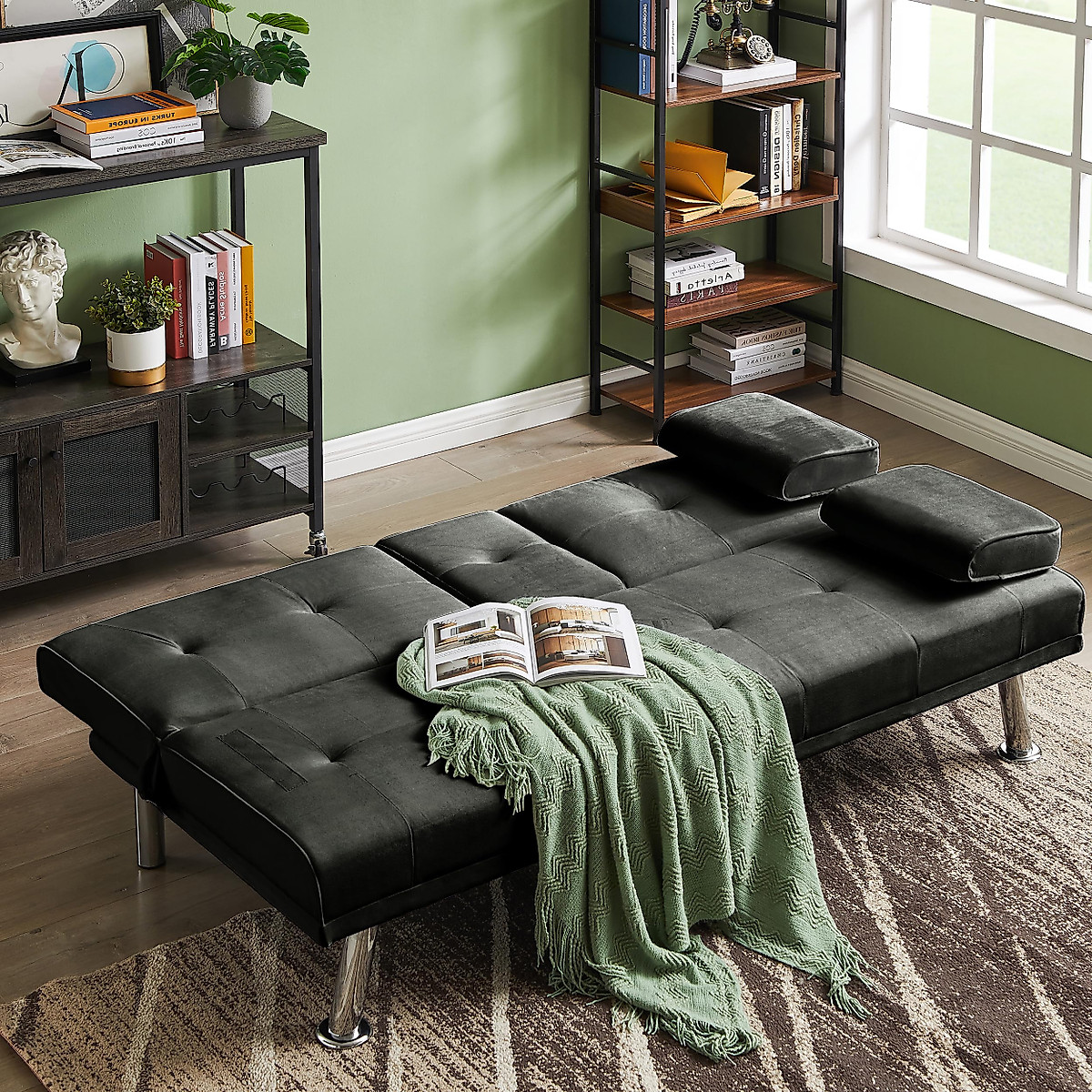 MWrouqfur 66" Modern Linen Fabric Sofa Bed Futon,Convertible Folding Sleeper Couch Bed with Cup Holders w/Removable Armrest,Loveseat Recliner Sofa for Living Room Apartment Office (Grey)