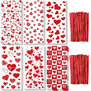 Zonon 150 Pieces Valentine Cellophane Bags Valentine Candy Bags Valentines Favor Treat Goodies Bags with 200 Pieces Twist Ties for Valentine Party Holiday Supplies