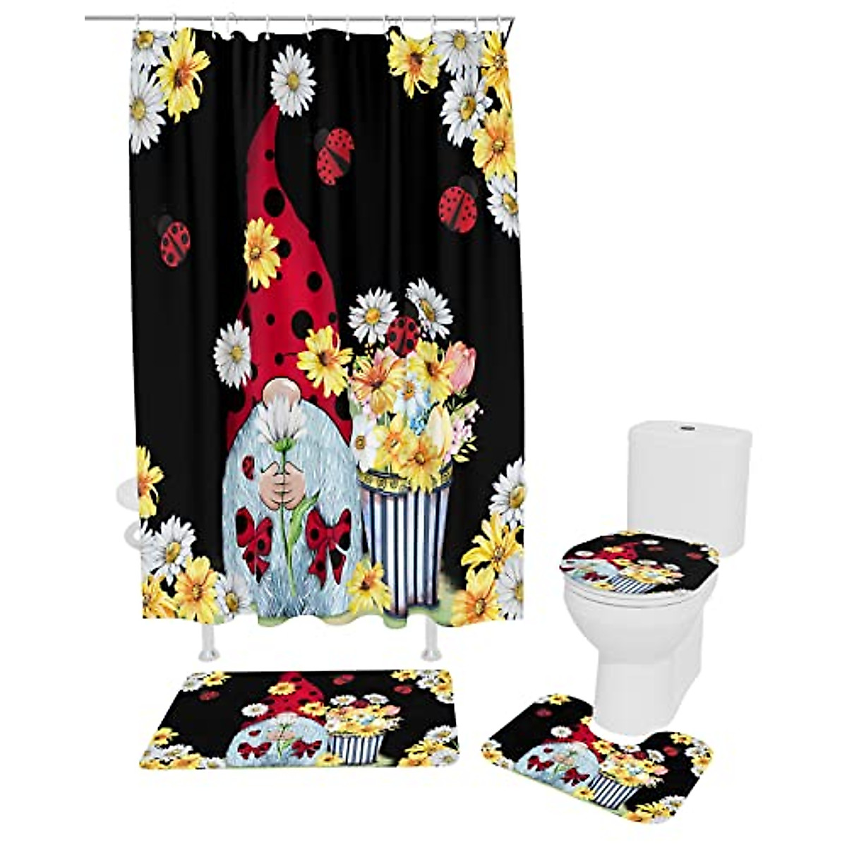 Ladybug Gnome 4 Piece Shower Curtain Sets with Non-Slip Rugs, Toilet Lid Cover and Bath Mat, Spring Summer Daisy Flower American Country Style Shower Curtain with 12 Hooks, Durable and Waterproof