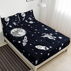 Datura home Fitted Mattress Pad Set for Girls Kids,Astronaut Moon Rocket Printed Kids' Mattress Pads Cover with 1 Quilted Fitted Sheet & 2 Pillowcases(Astronaut Twin)
