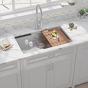 Hausinluck 32 inch Workstation Undermount Kitchen Sink, Stainless Steel Undermount Kitchen Sink 18 Gauge, Handmade Modern Single Bowl Deep Kitchen Sink with Ledge and Accessories (Pack of 5)