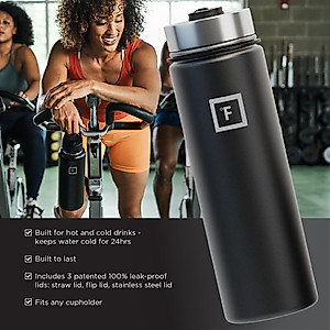 IRON °FLASK Camping & Hiking Hydration Flask, Wide Mouth, 3 Straw Lids, Stainless Steel Outdoor Water Bottle, Double Walled, Insulated Thermos, Metal Canteen - Midnight Black, 22 Oz