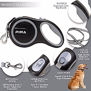 PINA Retractable Dog Leash, 26ft Dog Leash for Small Medium Large Dogs Up to 110lbs, 360° Tangle-Free Reflective Nylon Tape, with Anti-Slip Handle, One-Handed Brake, Pause, Lock - Black & Blue /2PACK