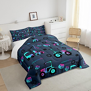 Feelyou Machinery Truck Bedding Set Twin Size Cartoon Vehicles Comforter Set for Boys Girls Teens Dark Grey Comforter Excavator Tractor Quilt Set 2Pcs