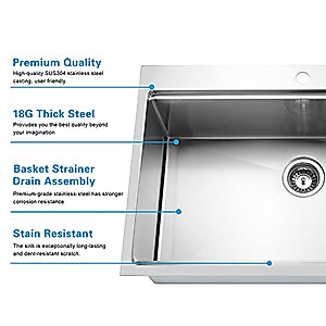 AGABOK 33 Inch Drop In Kitchen Sink, 33x22 Inch Topmount Workstation Sink with Ledge, 18 Gauge SUS304 Stainless Steel Kitchen Sink, 10 Inch Deep Handmade Single Bowl Kitchen Sinks with Accessories