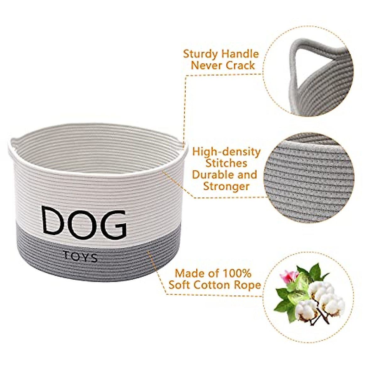 Geyecete Dog Storage Basket Round Weave Rope Basket Dog Toy Storage Basket - Laundry Basket Storage Bin Pet Toy Storage Boxes -White/Gray