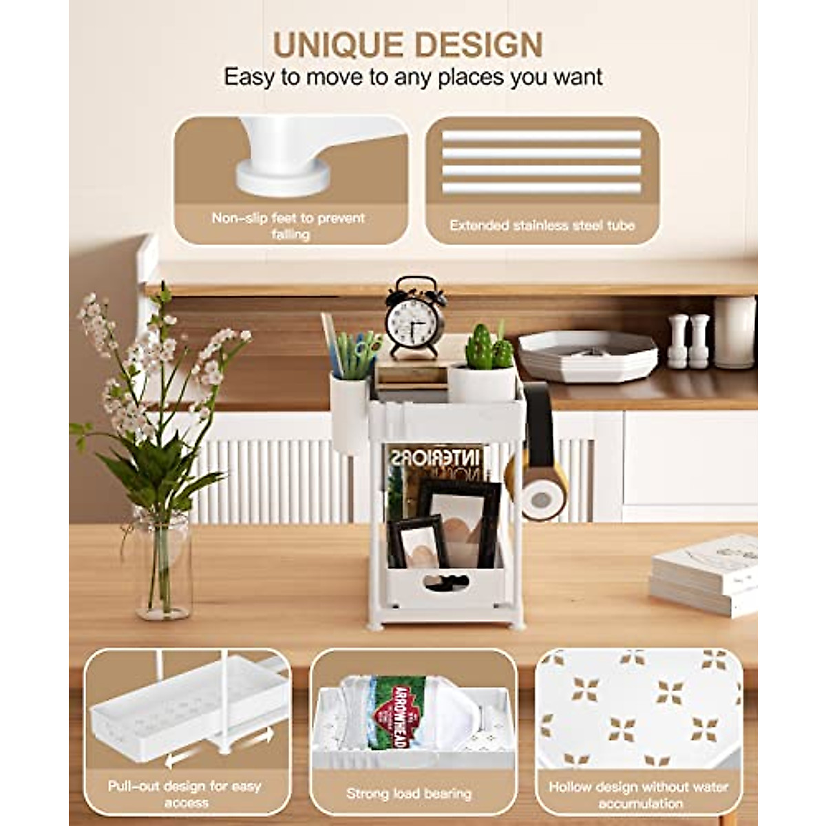 MERRYBOX 2 Pack Under Sink Organizers and Storage, Sliding Under Bathroom Cabinet Organizer, 2 Tier Kitchen Under Sink Organizer Pull Out Drawer with 8 Hooks, 2 Hanging Cups, 8 Non-Slip Feet, White