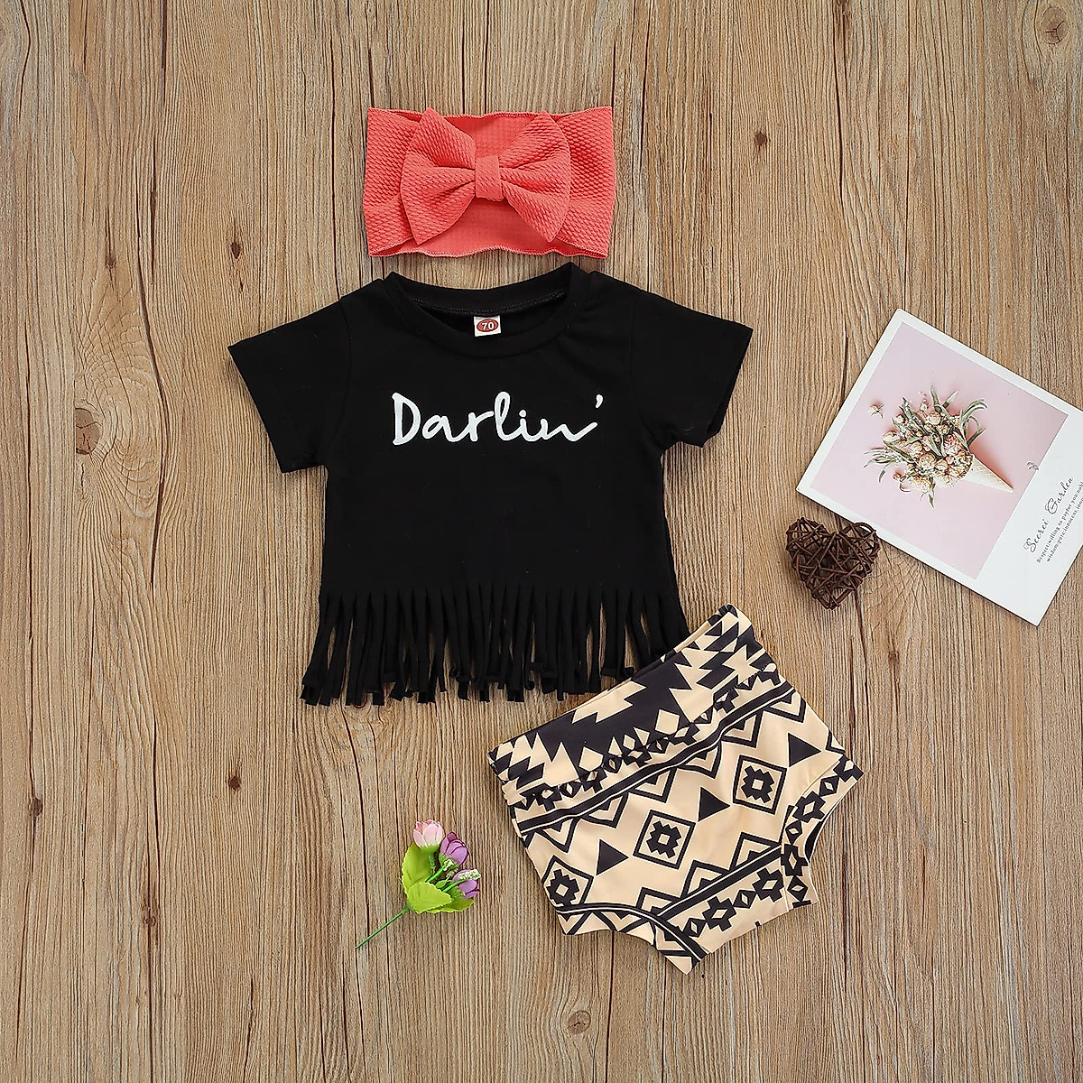 Newborn Baby Girls Clothes Sets 3pcs Letter Short Sleeve Tassel T Shirts Snakeskin Printed Shorts Headband (Black, 0-6 Months)