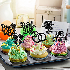 24Pcs Halloween Bachelorette Cupcake Toppers Black Glitter Boo To Be Ring Bride Or Die Skull Heart Blood Cake Picks Horror Ghost Engagement Party Decorations