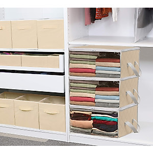 Simple Houseware 3 Pack Foldable Closet Organizer Clothing Storage Box with Clear Window, Beige