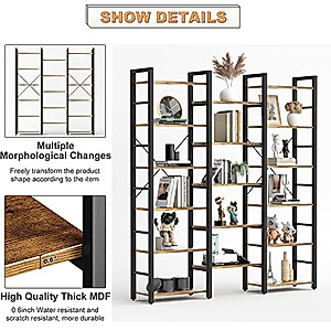 oneinmil Triple Wide 6-Shelf Bookcase Industrial Vintage Wood Style Large Open Bookshelves for Home&Office, Rustic Brown (6 Tier, Rustic Brown)