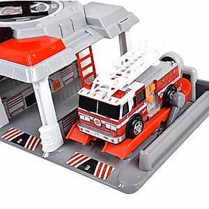 Fire and Rescue Garage Lights and Sounds Toy Set for Kids | Working Intercom with Open and Close Parking Garage and Vehicle Lift | Playset Includes Helicopter and Fire Truck with Friction Motor