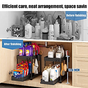 2 Pack Under Kitchen Sink Organizers and Storage, 2 Tier Under Sink Organizer for Bathroom Cabinet, Undersink Organizer Sliding Drawer with Hooks, Hanging Cup for Narrow Space by SMATHOM, Black