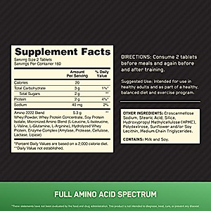 Optimum Nutrition Superior Amino 2222 Tablets, Complete Essential Amino Acids, EAAs, 320 Count