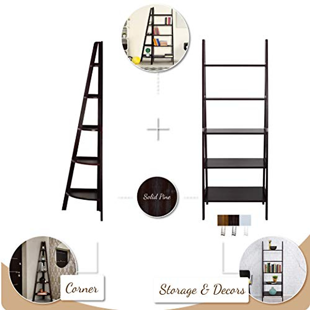 Casual Home 5-Shelf Corner Ladder Bookcase, White (Pack of 1)