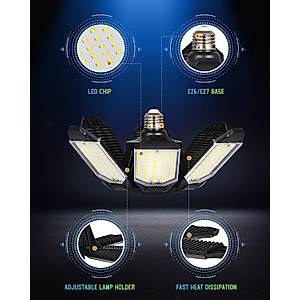LIGHTNUM 6-Pack LED Garage Light, 16000Lm Deformable LED Garage Ceiling Light with 6 Adjustable Panels 6500k Led Shop Light Screw in E26/E27 Bulb Socket Compatible for Workshop Storage Room Basement