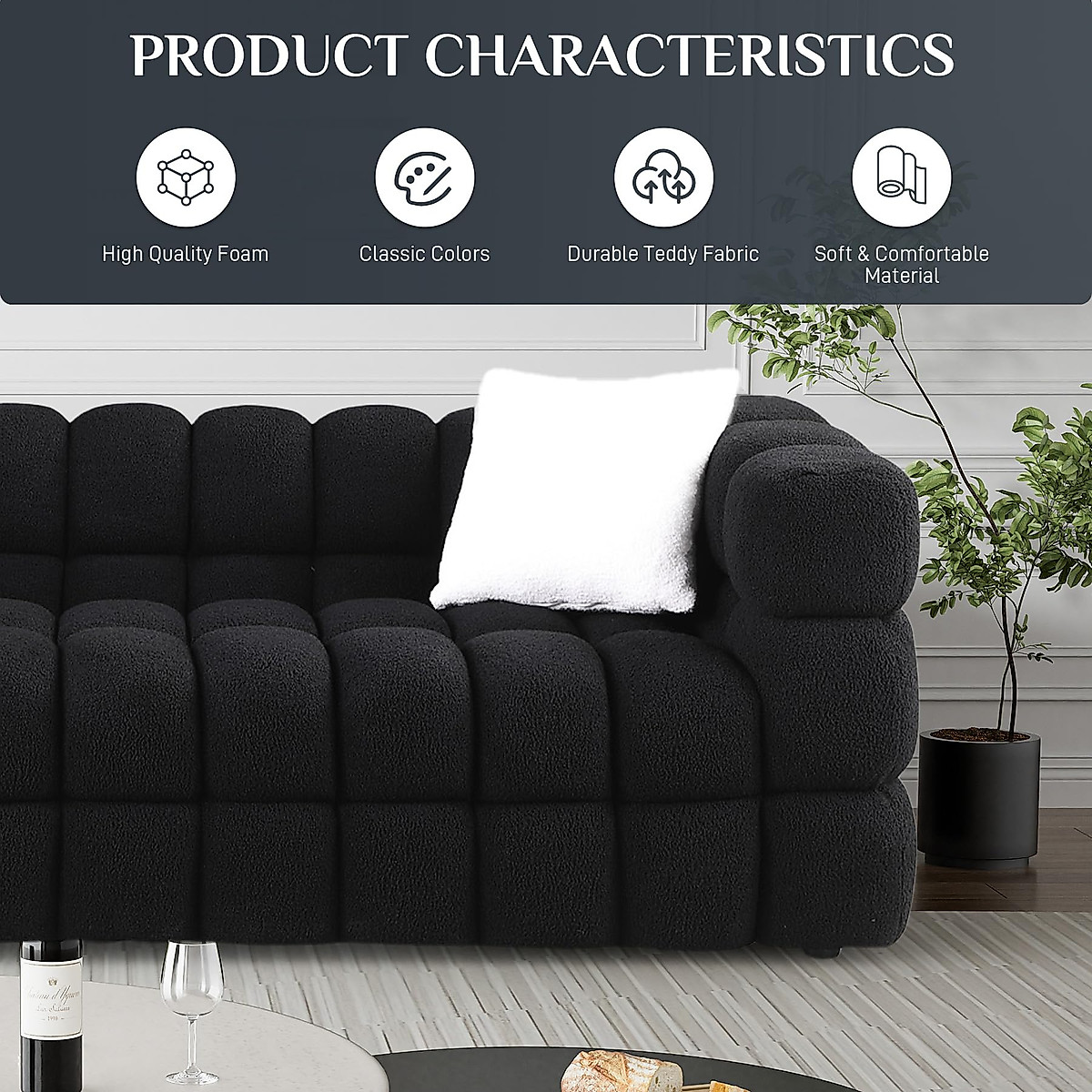 OUYESSIR 84" Modern Teddy Cloud Sofa for Living Room, Comfy Boucle Tufted 3-Seater Standard Sofa, Upholstery Decor Futon Couch with 2 Pillows for Apartment Bedroom, Black