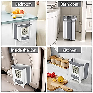 HI NINGER Hanging Kitchen Trash Can, Foldable Waste Bin for Kitchen, Collapsible Hang Small Plastic Garbage Can 2.4 Gallon for Cabinet/Car/Bedroom/Bathroom-Grey