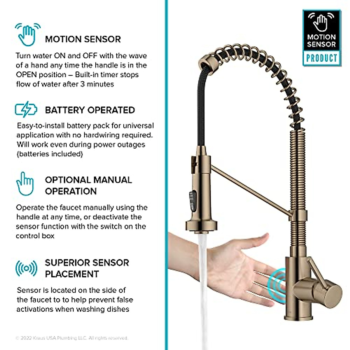 KRAUS Bolden Touchless Sensor Commercial Style 2-Function Single Handle Pull-Down Kitchen Faucet in Spot-Free Antique Champagne Bronze, KSF-1610SFACB