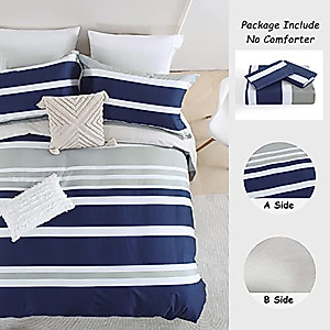 Bedduvit Striped Queen Duvet Cover - 100% Cotton Duvet Cover Queen Size,3 Piece Navy Duvet Cover Queen,Simple Modern Queen Duvet Cover with Zipper Closure & 8 Ties (90"x90", No Comforter)
