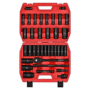 CASOMAN 1/2" Drive Master Impact Socket Set, 36 Piece Deep, Standard SAE (3/8" To 1-1/4") & Metric (10-32 mm) Sizes, Includes Extension Bar (3, 5, 10-inch), Adapters & Ratchet Handle, CR-V Steel