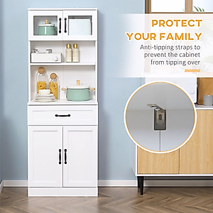 HOMCOM Freestanding Kitchen Pantry, 4-Door Buffet Cabinet with Hutch, Coffee Bar with Adjustable Shelves, 63.5 Inches, White