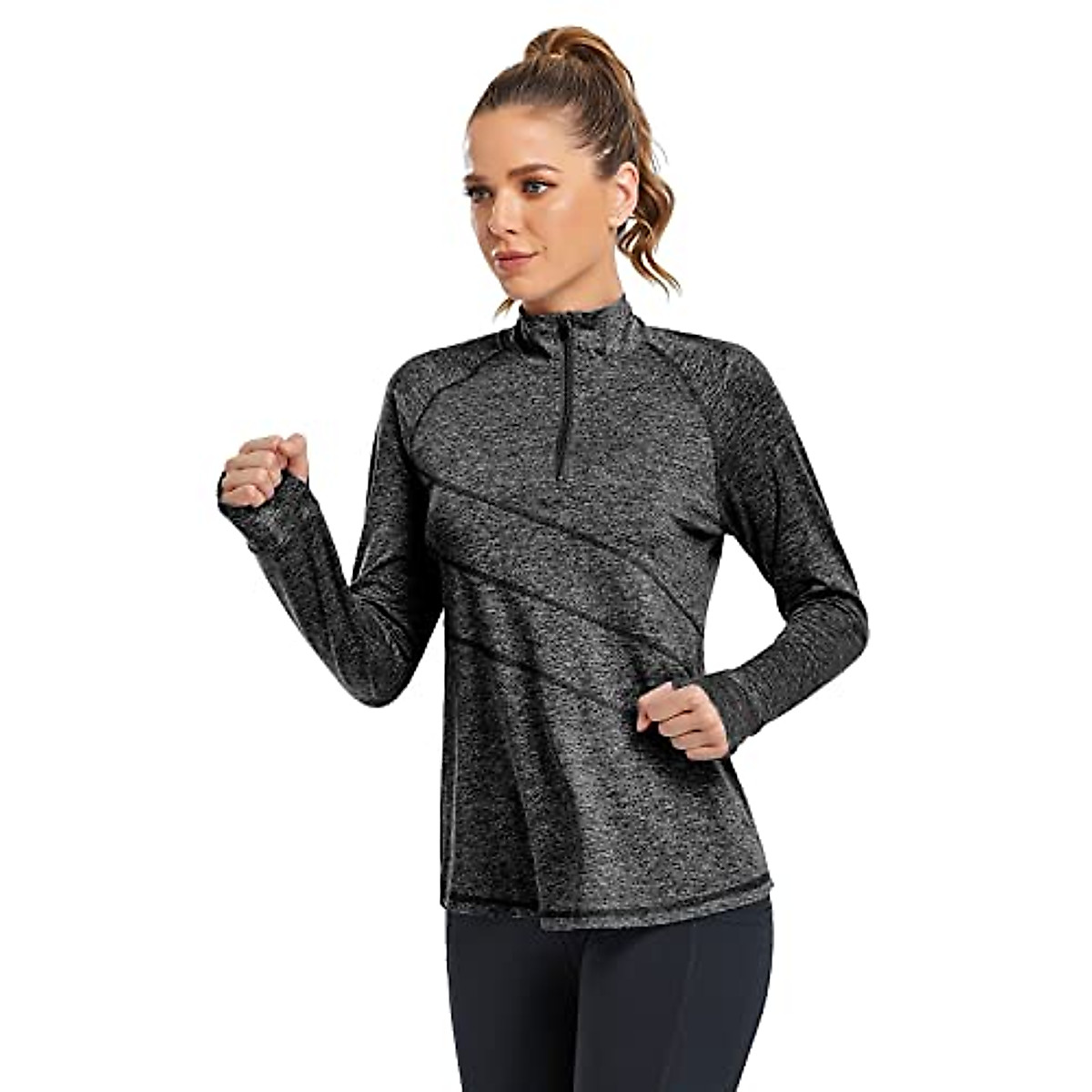Black Long Sleeve Shirt Women,Cucuchy Hiking Shirts Raglan Sleeve V Neck Yoga Tops Lightweight Half Zipper Moisture Wicking Smooth Fashion Daily Workout Activewear Plain Black XLarge