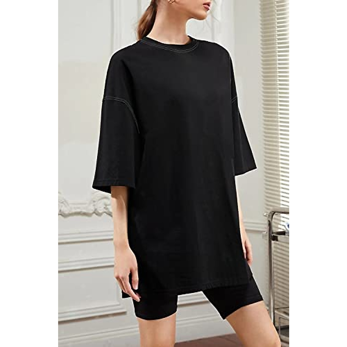 FSHAOES Women's Oversized T Shirts Casual Loose Half Sleeve Drop Shoulder Tees Summer Round Neck Cotton Tunic Tops Black