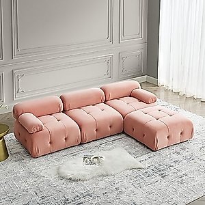 Eafurn Free Combination Modular Sectional Sofa, L Shaped Cloud Couch with Reversible Ottoman,4 Seater Button Tufted Corner Sofa&Couches for Comfy Upholstery Living Room Furniture Sets, Pink Velvet
