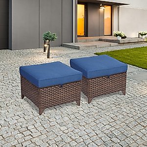 Outdoor Patio Ottoman Set of 2,Wicker Ottoman Seat with Comfy Cushions, Patio Rattan Furniture,Outdoor Ottoman Foot Rest with Steel Frame,All Weather Rattan Wicker Ottoman Seat for Backyard Porch