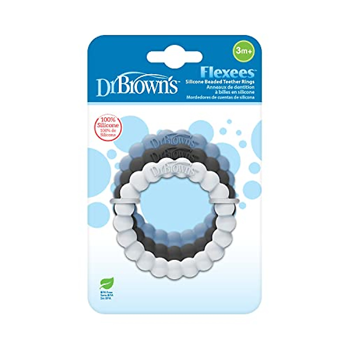 Dr. Brown’s Flexees Beaded Teether Rings, 100% Silicone, Soft & Easy to Hold, Encourages Self-Soothe, 3 Pack, Blue, Light Blue, Black, BPA Free, 3m+