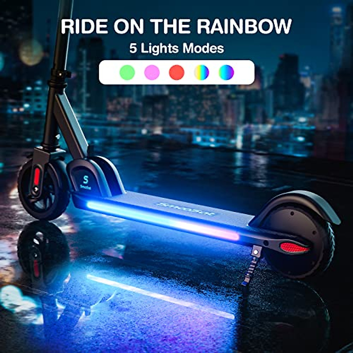 SmooSat PRO Electric Scooter for Kids Ages 8+ 130W, Colorful Rainbow Lights, 5/8/10 MPH, 60 min Ride Time, LED Display, Adjustable Height, Foldable E-Scooter for Kids and Teens, Black