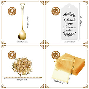 50 Sets Heart Shaped Tea Spoons Wedding Favor for Guests 5.63'' Heart Shaped Mini Spoons Creative Love Spoons with Sheer Bags Labels for Wedding Guest Souvenir Bridal Shower Tea Party Favors (Gold)