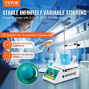 VEVOR Magnetic Stirrer Hot Plate, 5L Capacity Ceramic Coated Hotplate Lab Stirrer 200-2000RPM 608°F/320°C Max Temp Digital Magnetic Stirrer with Temp Probe Sensor and Stirring Bar