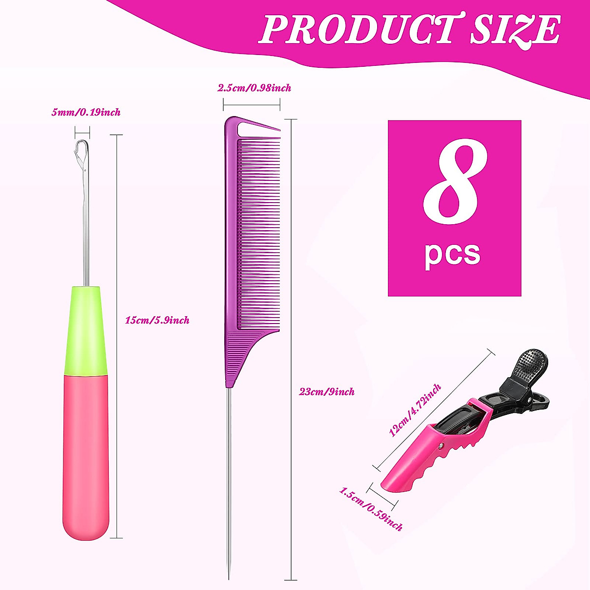 8 Pieces Latch Hook Crochet Needle Comb Hair Clip Set Include 2 Pieces Plastic Crochet Needle 4 Pieces Alligator Hair Clip 2 Pieces Rat Tail Comb for Hair Tool Kits Braid Hair and Hair Extension