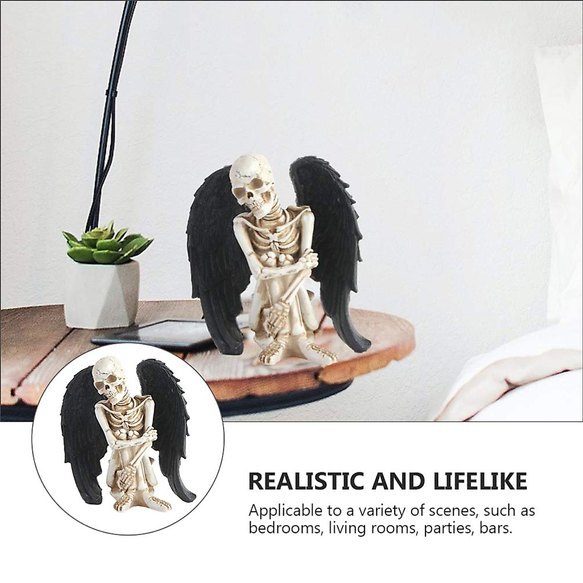 VOSAREA Resin Skeletons Statue Skull Collectible Figurine with Black Angle Wings Resin Figures Decoration for Home Shelves Porch Yard Garden Fireplace Mantle
