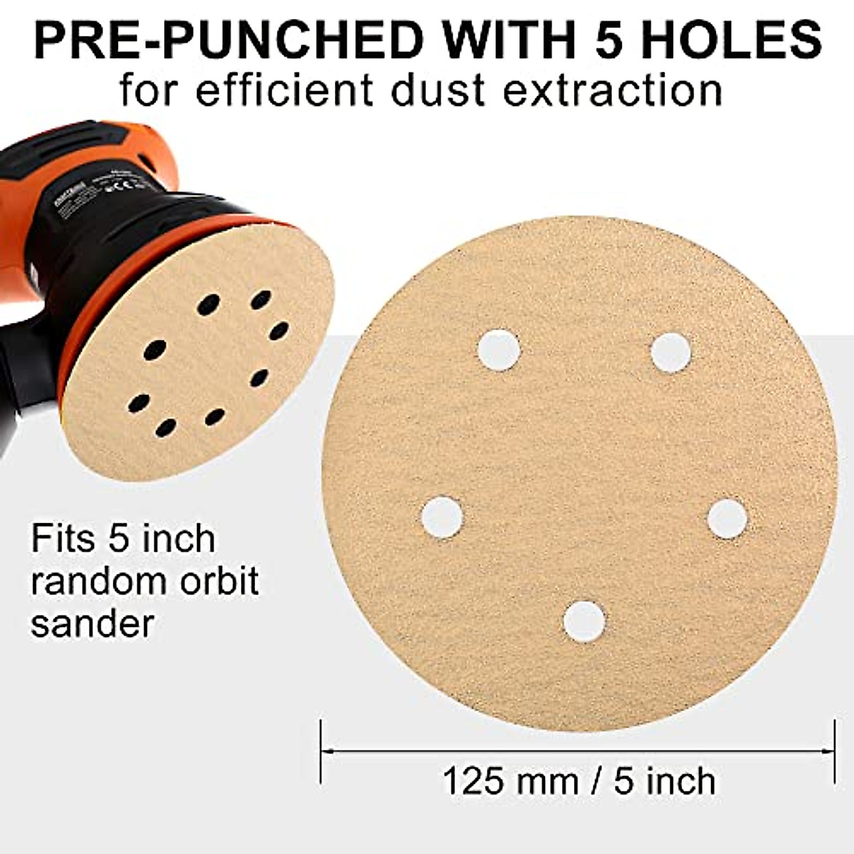 LotFancy 5 Inch 5 Hole Sanding Discs, 100PCS 60 80 120 180 220 Grit Sandpaper Assortment - Orbital Sander Pad, Hook and Loop Sand Paper