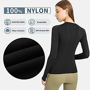 Long Sleeve Workout Shirts for Women Seamless Yoga Tops, Running T-Shirt Breathable Gym Athletic Tops Slim Fit Black