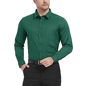 MAGCOMSEN Men's Dress Shirts Long Sleeve Button Up Shirt with Pocket Fitted Formal Business Wear Solid Cotton Fashion Shirts Dark Green, L