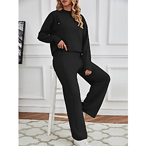 SuperPrity Lounge Sets for Women Two Piece Outfits Knit Sweater Top Wide Leg Pants Matching Sets Sweatsuits 2024 Fall Fashion-L,Black