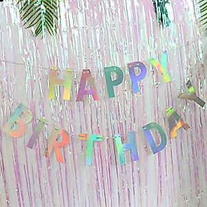 Pre-Strung Holographic Happy Birthday Banner - NO DIY - Iridescent White Hanging Bunting Garland Party Decorations