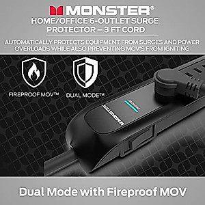 Monster 3ft Black Power Strip and Tower Surge Protector, Heavy Duty Protection, 300 Joule Rating and 6 120V-Outlets - Ideal for Computers, Home Theatre, Home Appliances, and Office Equipment