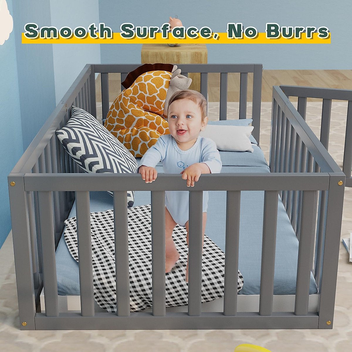 Zevemomo Twin Size Floor Bed for Kids & Children, Twin Montessori Floor Beds with Safety Guardrails and Door, Wood Beds for Kids & Childrens, Boys and Girls, Easy Assembly(Grey)