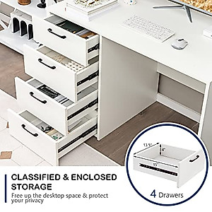 Tangkula White Desk with 4 Storage Drawers, Home Office Writing Desk, Modern Executive Desk, Laptop PC Desk, Vanity Makeup Table, Computer Workstation for Bedroom, Study Room, Office