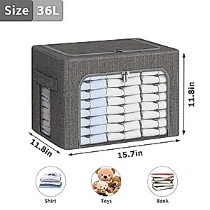 2 Pack Clothes Storage Bins - Foldable Metal Frame Storage Box with Mesh Windows - Stackable Linen Fabric Organizer Set with Carrying Handles