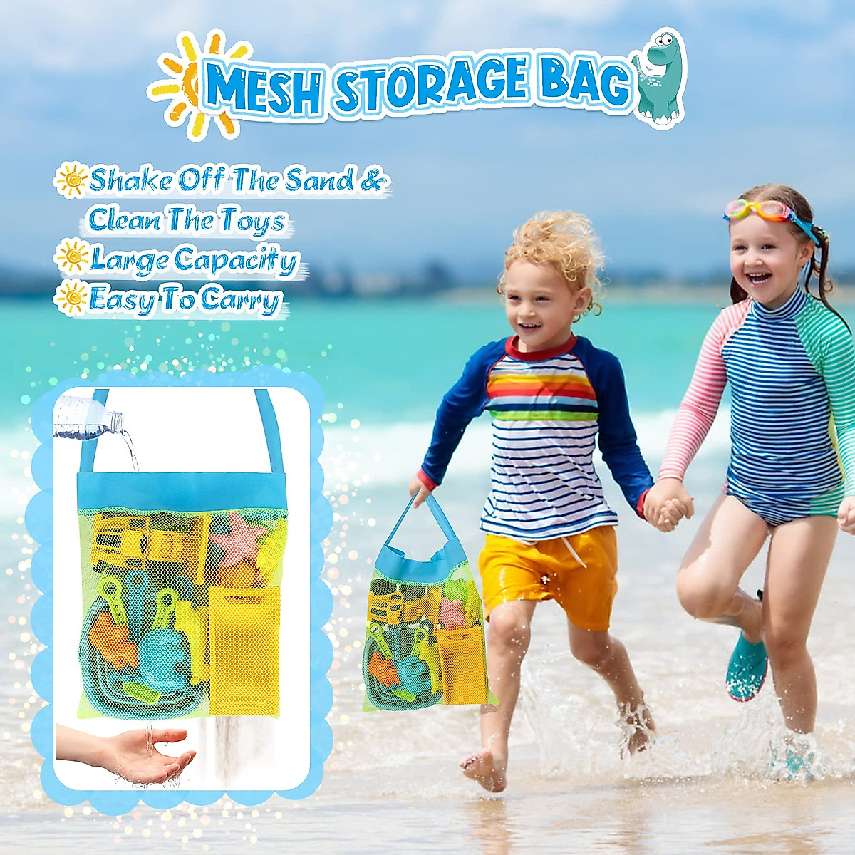 FHOZGECY Beach Toys, 31Pcs Sand Toys, Sandbox Toys with 2 Truck 2 Collapsible Sand Bucket, Shovel Set, Sand Castle Kit, Animal Dinosaur Molds etc. Mesh Bag, Travel Toys for Kids Toddlers Boys Girls