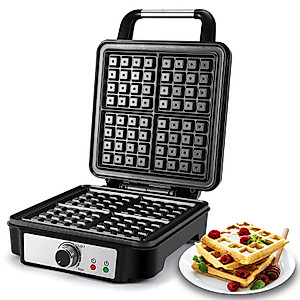 MONXOOK Belgian Waffle Maker, 4-Slice Non-Stick Square Waffle Maker, Anti-Overflow Waffle Iron with Browning Knob, Indicator Lights, Compact Design, Recipes Included, 1200W, Silver/Black