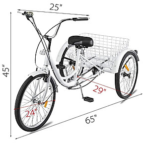 24-inch Adult Tricycle 1/7 Speed 3-Wheel Pedal Bicycle with Shopping Basket Suitable for Men and Women